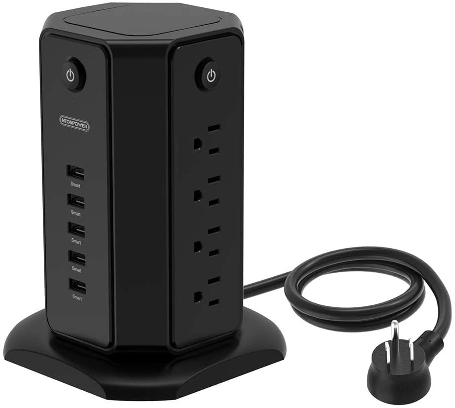 Power Bar Surge Protector - NTONPOWER 8 Outlets 5 USB Flat Plug Tower ...