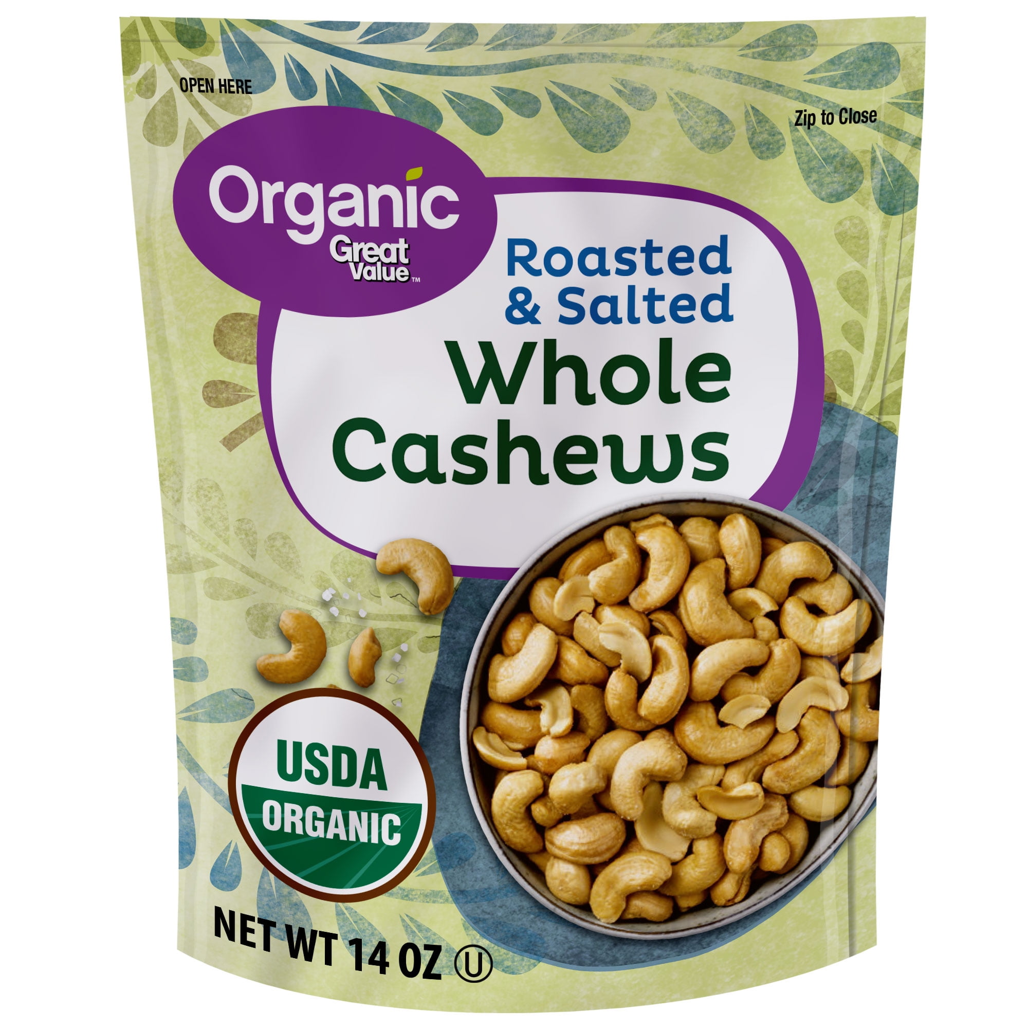 Great Value Organic Roasted & Salted Whole Cashews, 14 oz - Walmart.com ...