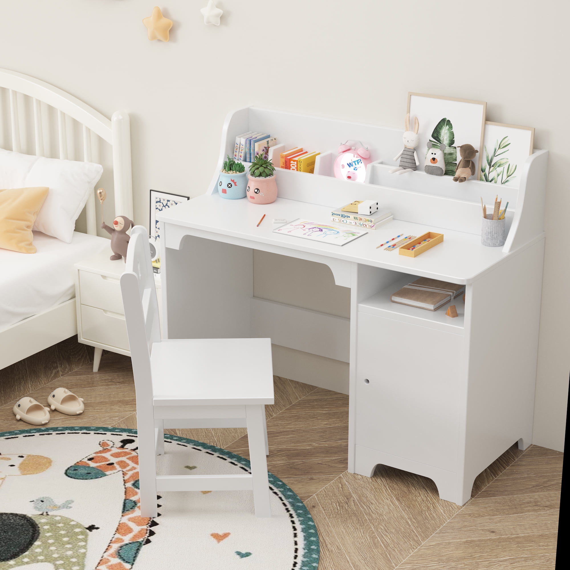 Study Desk and Chair Set with Storage Cabinet, Wooden Writing Table ...