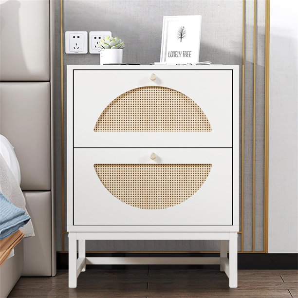Resenkos White Nightstand for Bedroom with Drawer, Wood Rattan Bedside ...