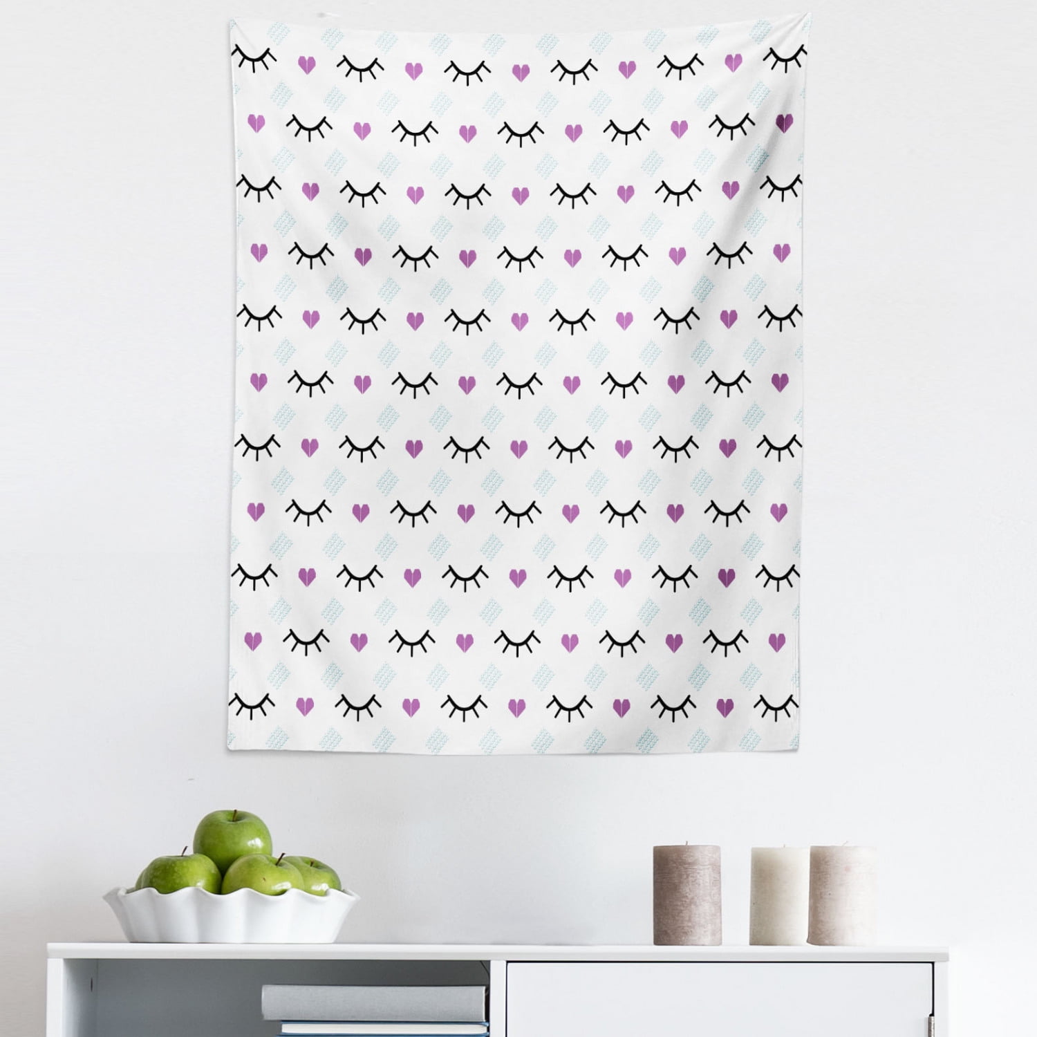 Eyelash Tapestry, Winking Eyes and Pink Hearts Romantic Pattern Cartoon ...