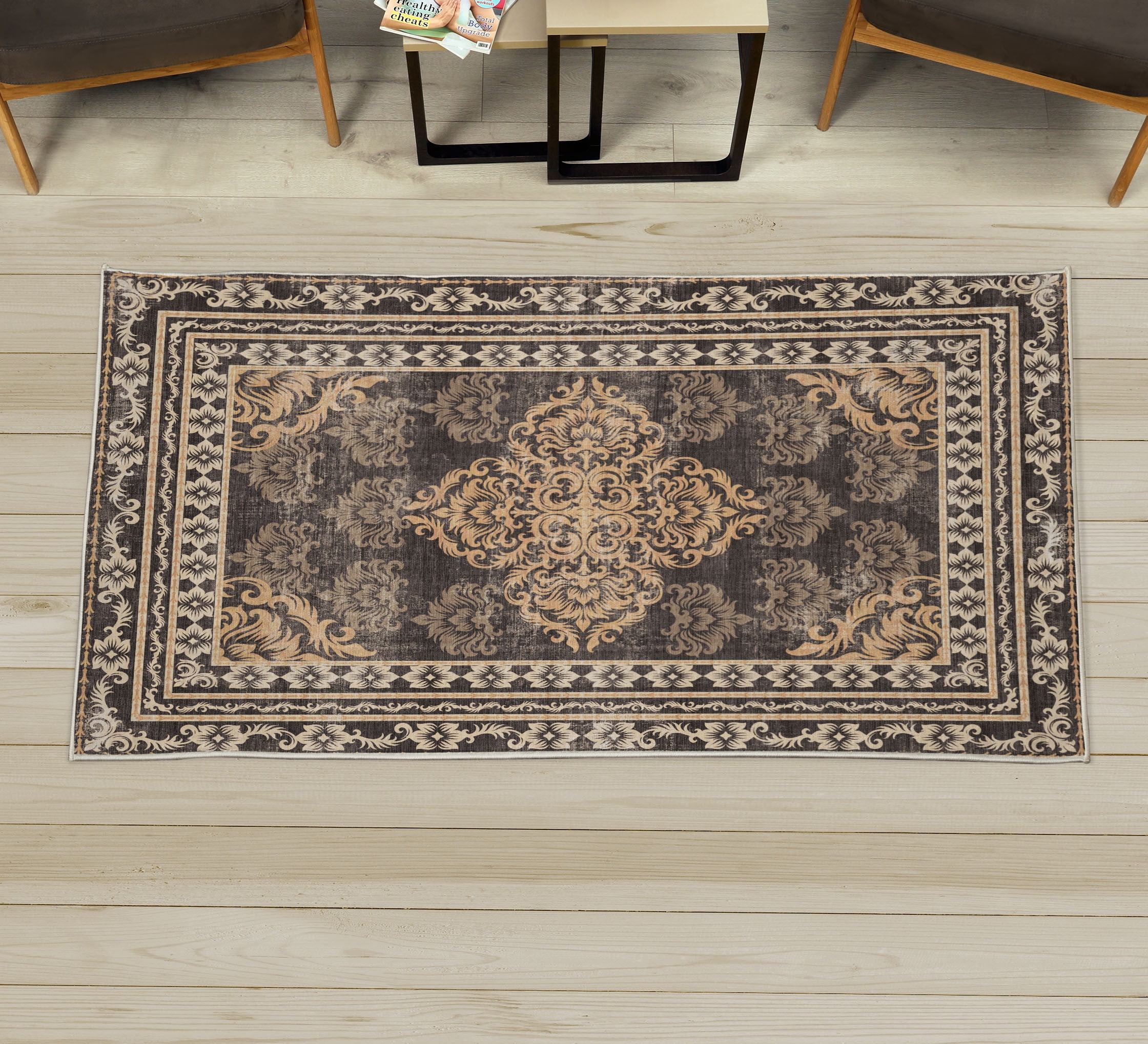 Damask Decorative Rug, Curlicue Design Traditional Flourishes in Retro ...