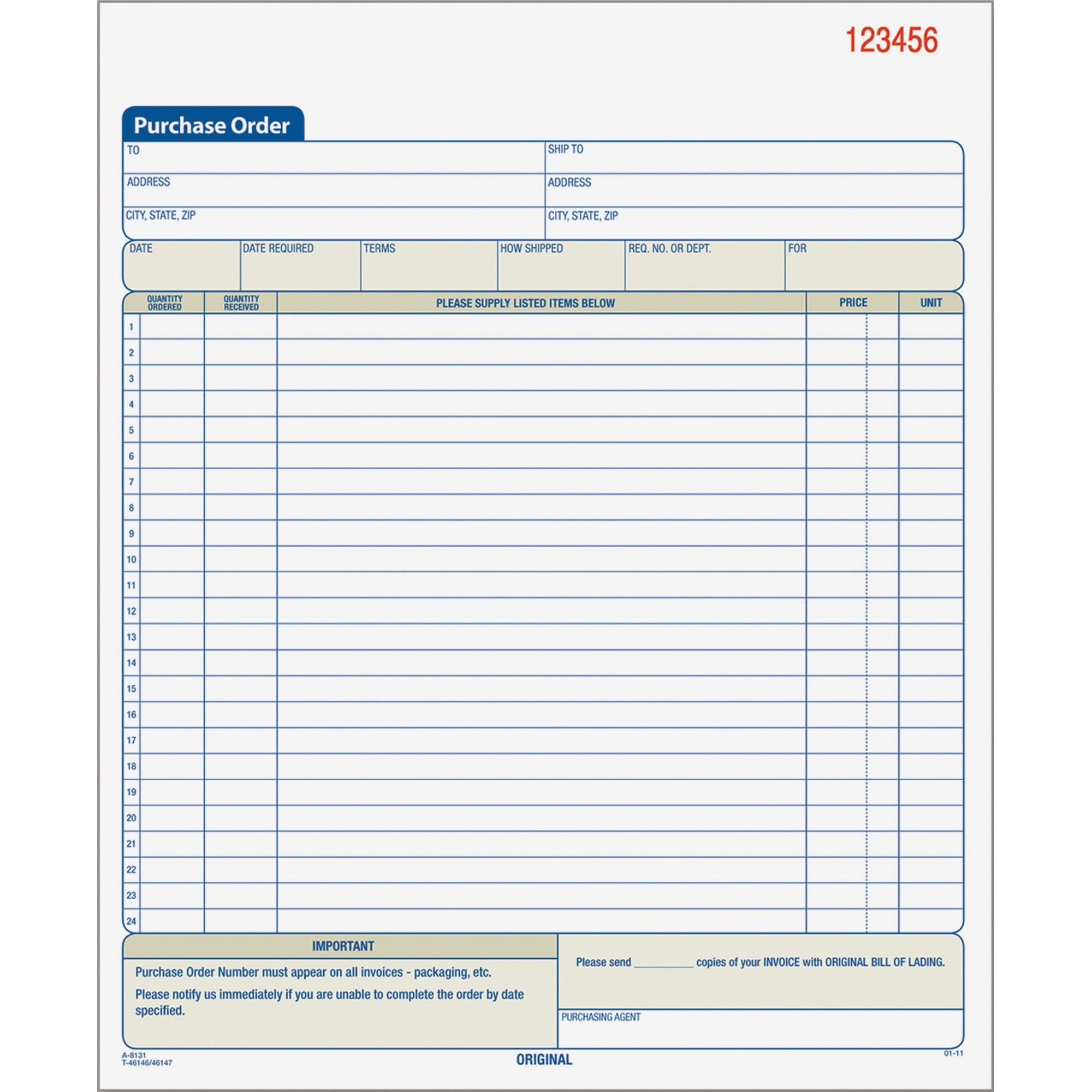 Purchase Order Book, Two-Part Carbonless, 8.38 X 10.19, 1/page, 50 ...