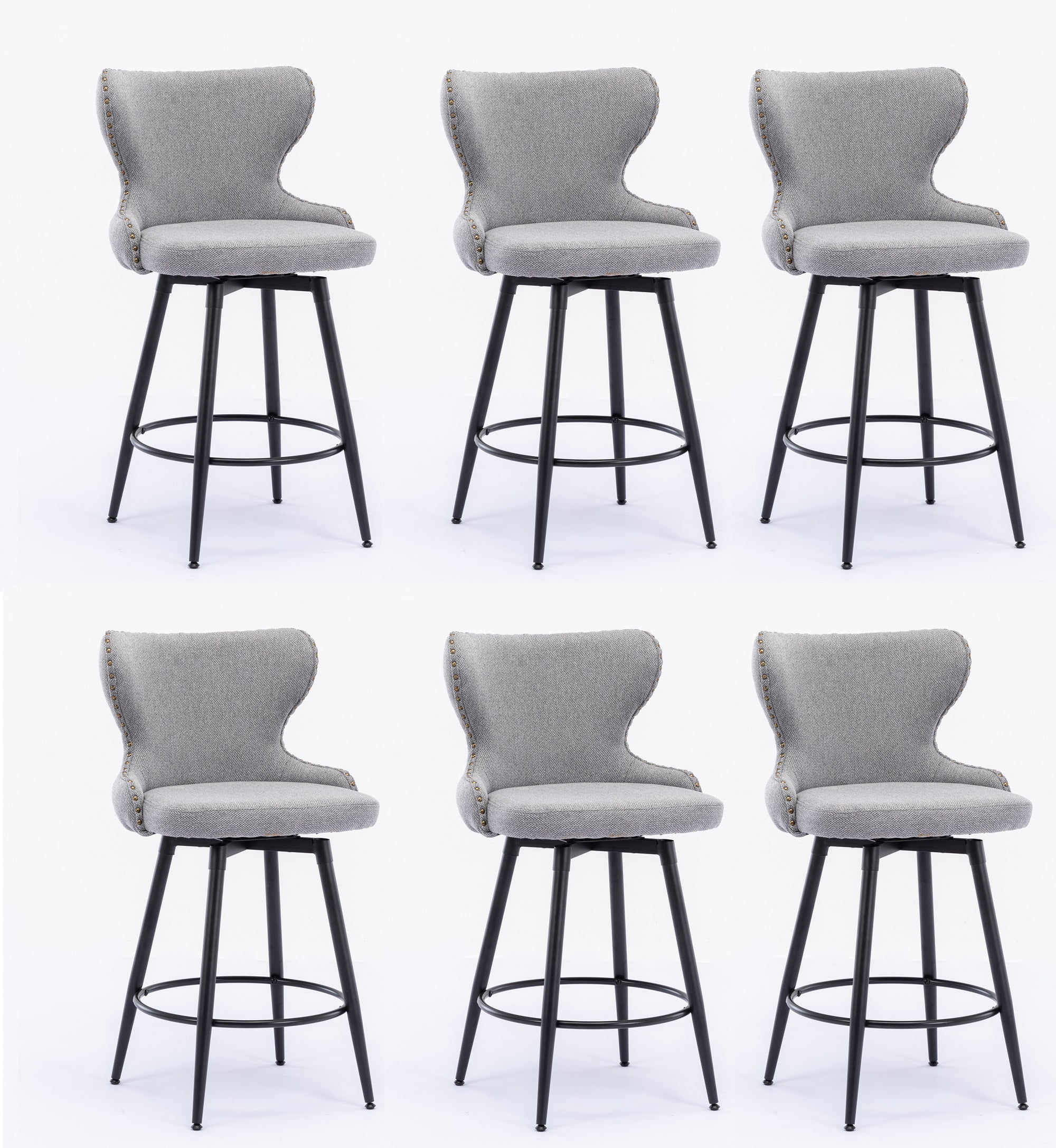 Linen Fabric Counter Height Bar Chairs 180°Swivel Bar Stool Tufted ...