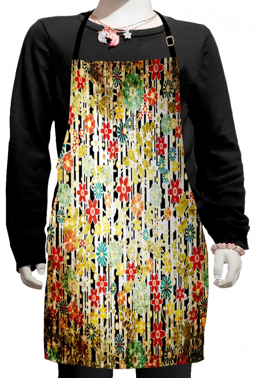 Floral Kids Apron, Ivy Line Like Colored Flowers Leafs and Buds Striped ...