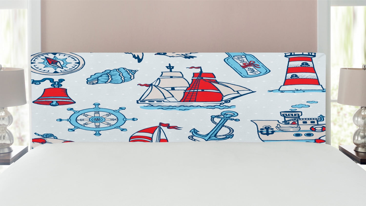 Nautical Headboard, Symbolic Sea Creatures Navigation Gulls Compass ...