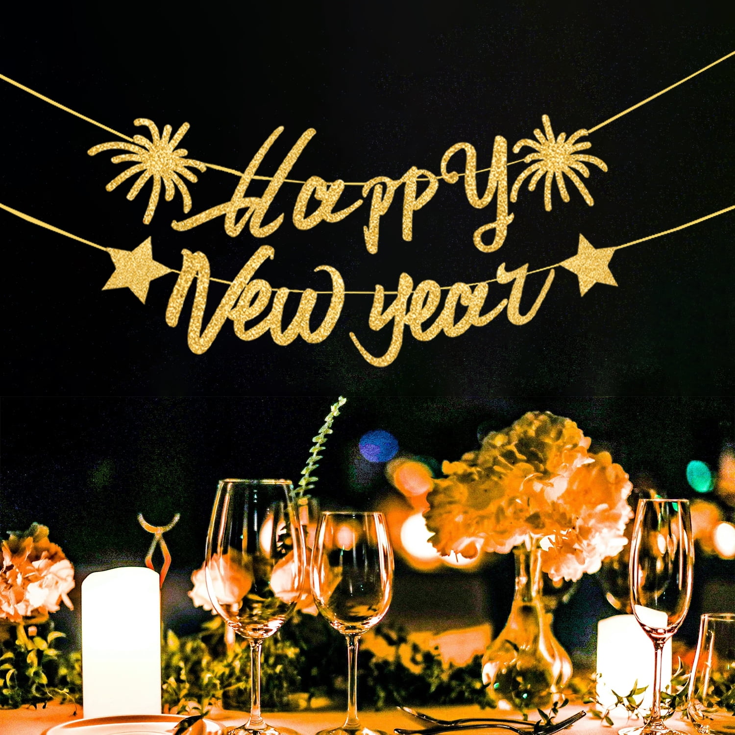 3 juegos de banderines de Feliz Año Nuevo, banderines dorados con ...