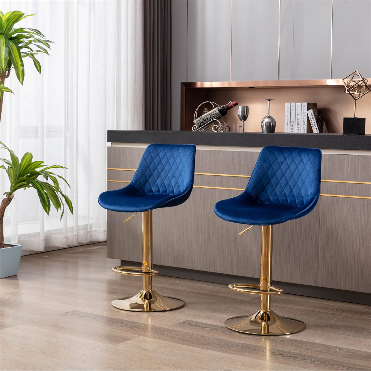 Set of 2 Bar Stools, Swivel Bar Chairs with Chrome Footrest and Golden ...