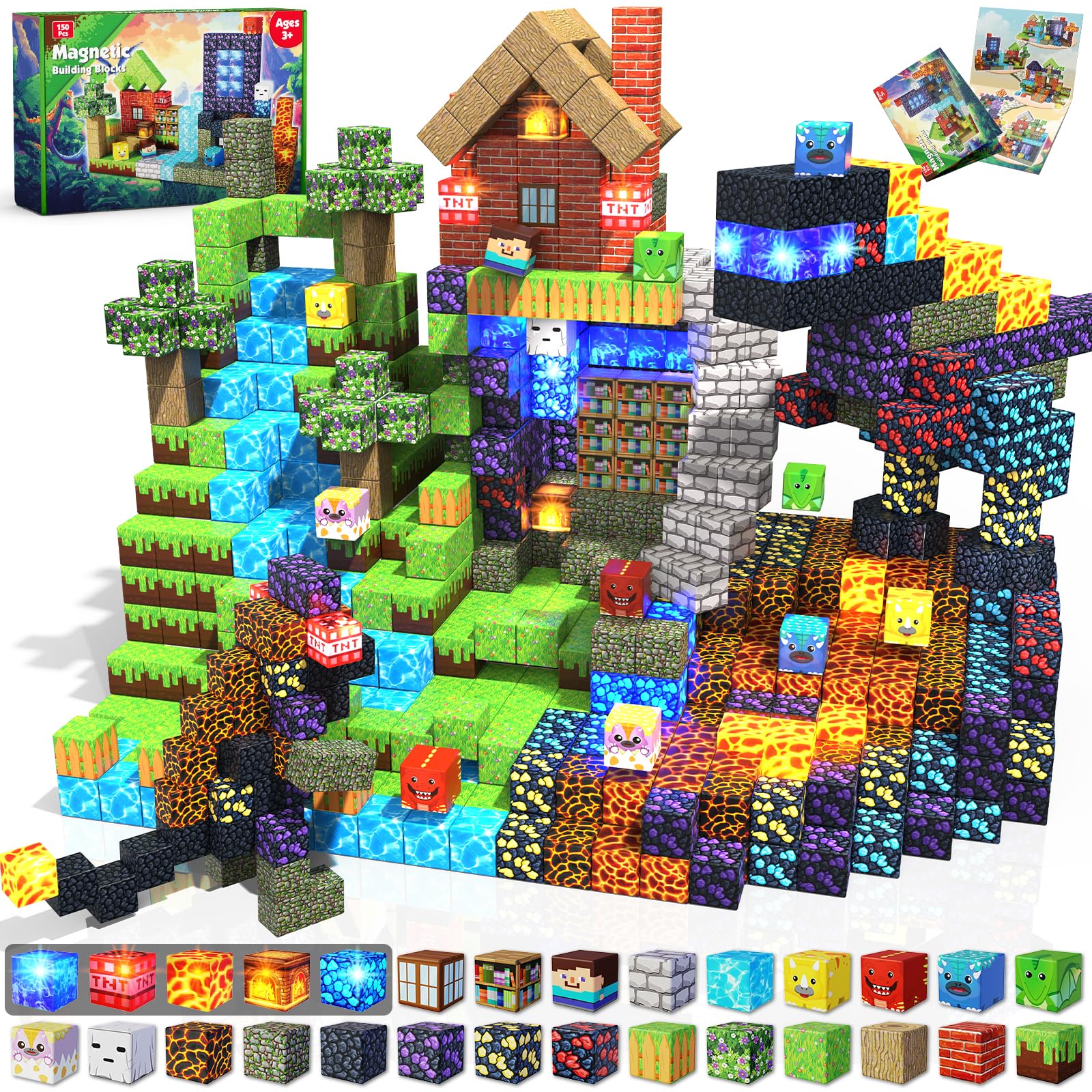 Magnetic Blocks - 150 PCS Dinosaur Volcano Forest Castle Set with Light ...