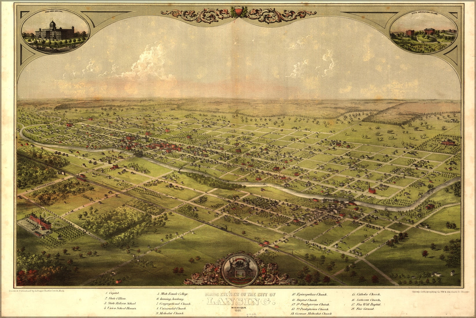 24"x36" Gallery Poster, birdseye view map of Lansing, Michigan 1866 ...
