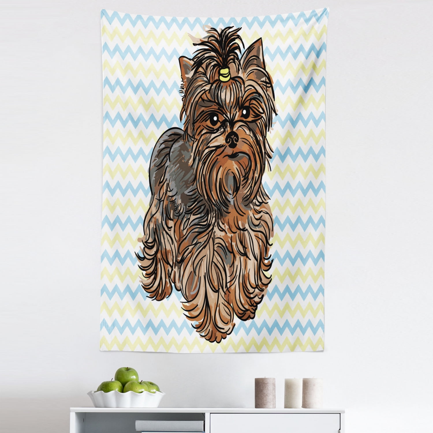 Yorkie Tapestry, Brown Yorkie with Evenr Buckle on Its Head Drawing on ...