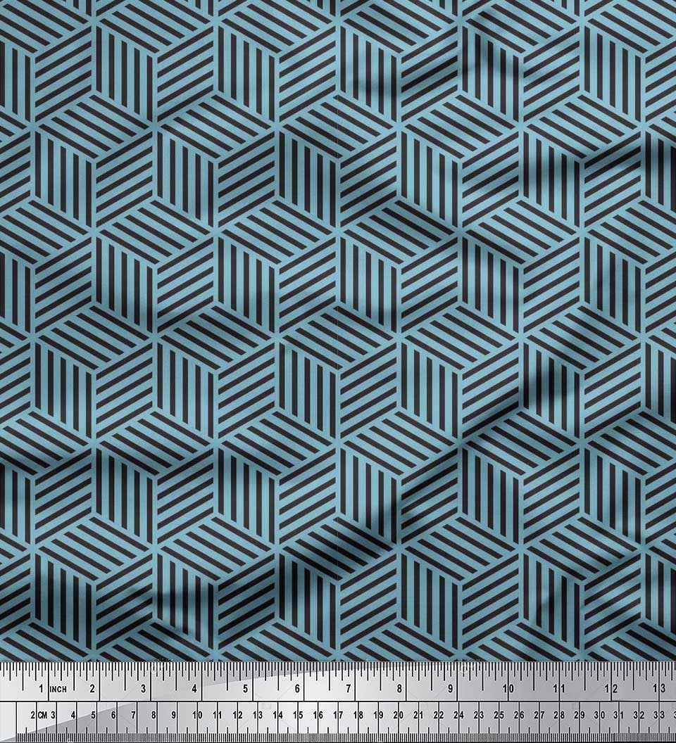 Soimoi Blue polyester Crepe Fabric Maze Cube Geometric Print Fabric by ...