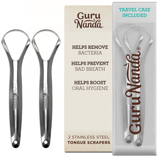GuruNanda Tongue Scraper & Cleaner, Fights Bad Breath, Stainless Steel ...