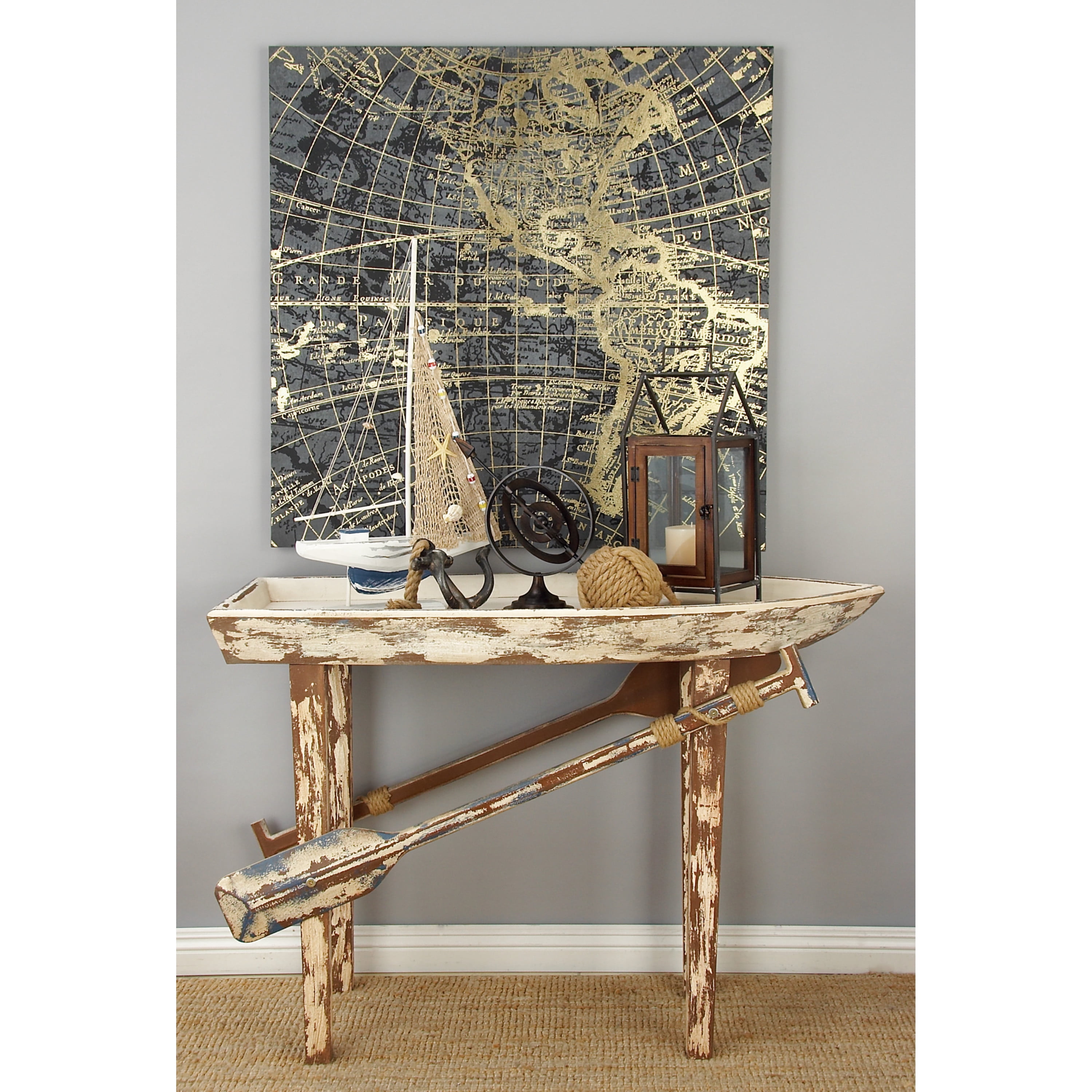 DecMode 49" x 33" White Wood Distressed Boat Shaped Tray Top Accent ...