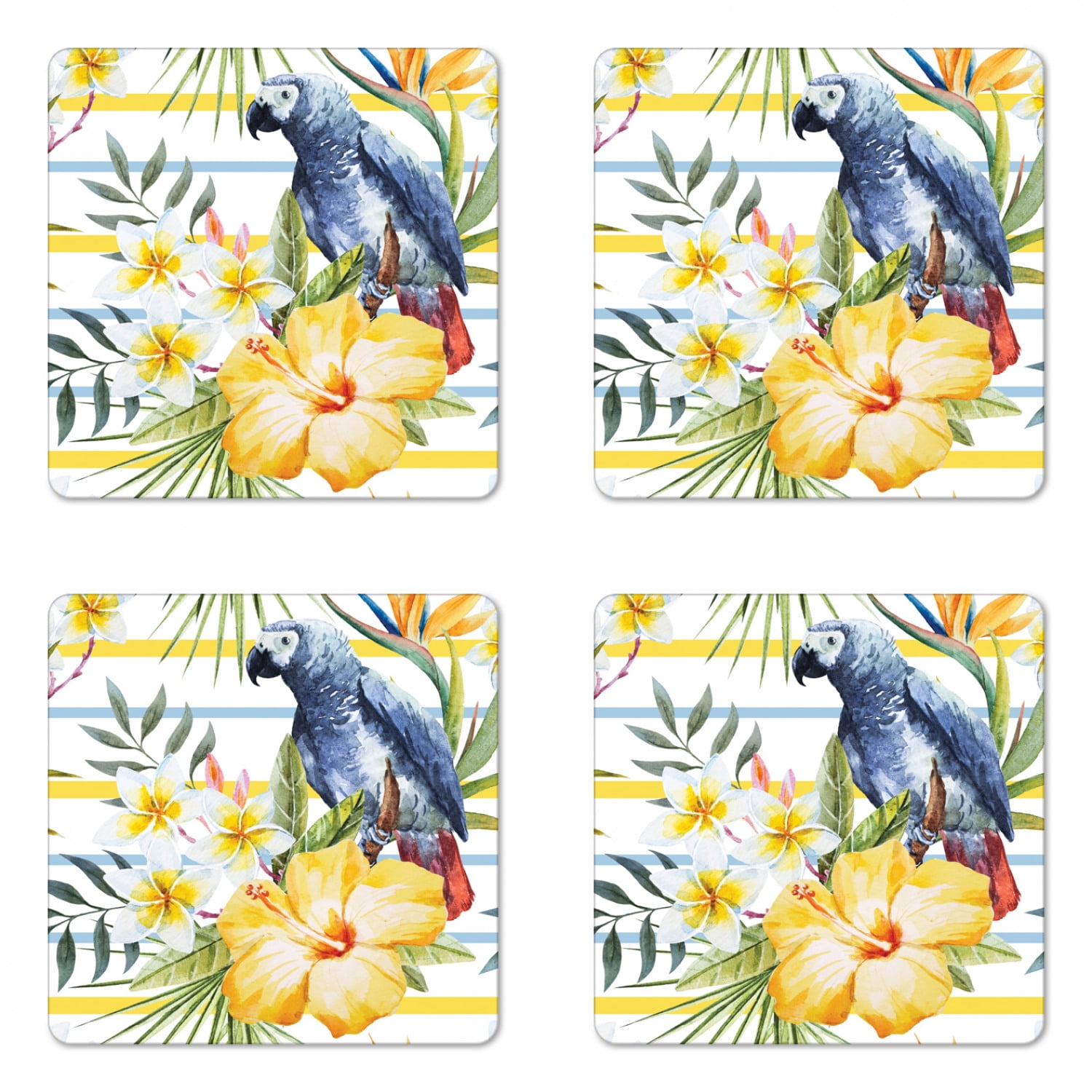 Parrot Coaster Set of 4, Tropic Pattern Bird Orchids and Hibiscus ...