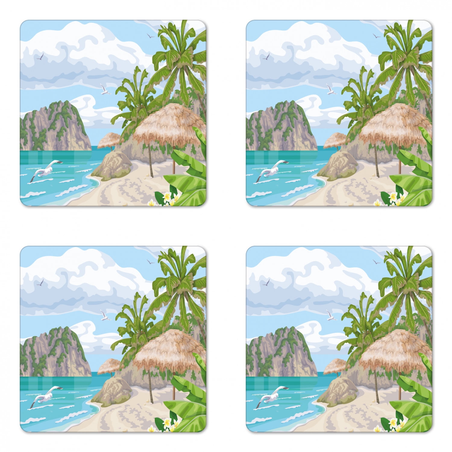 Graphic Beach Coaster Set of 4, Seaside Landscape with Flying Seagulls ...