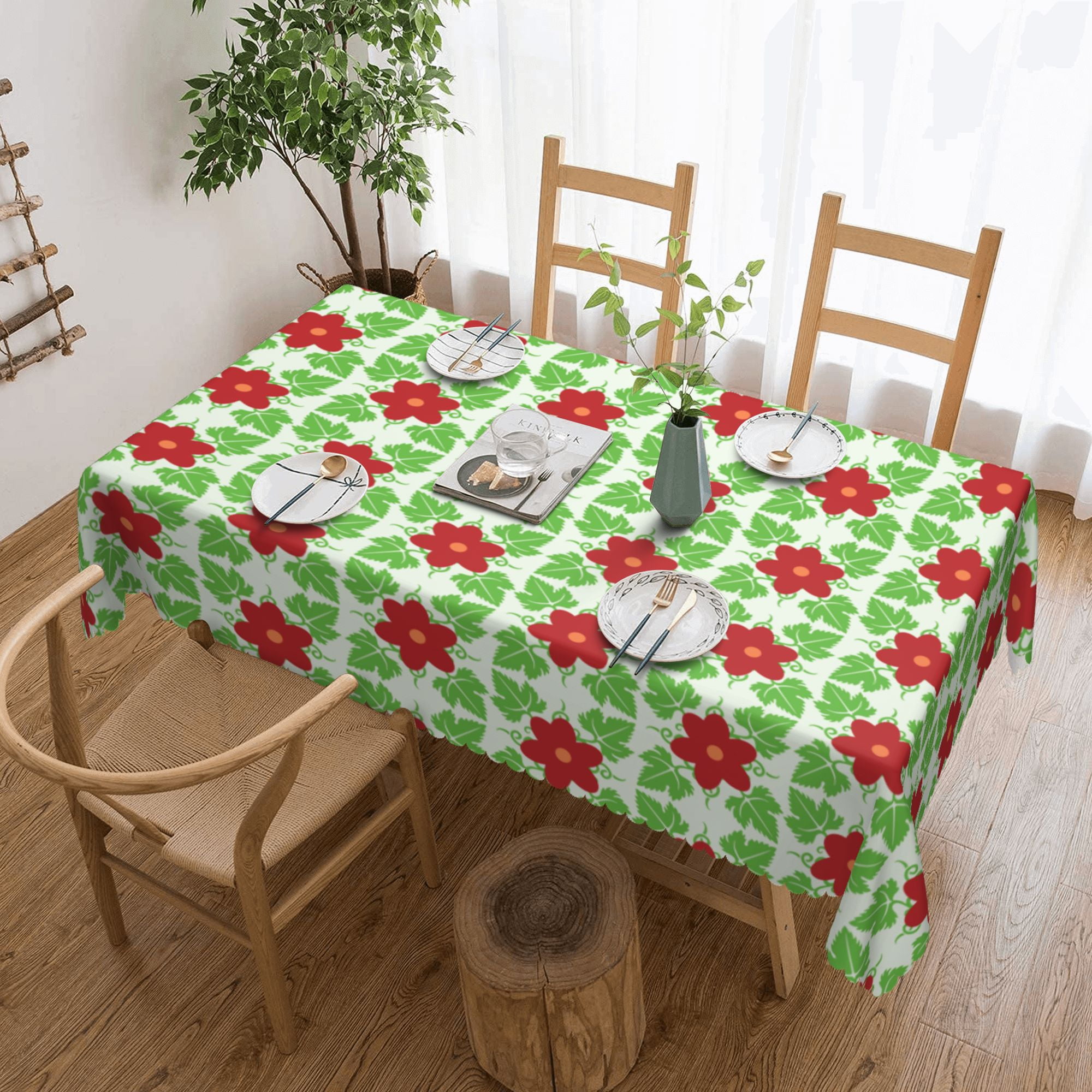 XMXY Table Cloth Rectangle Table, Red Green Floral Leaves Dining Table ...