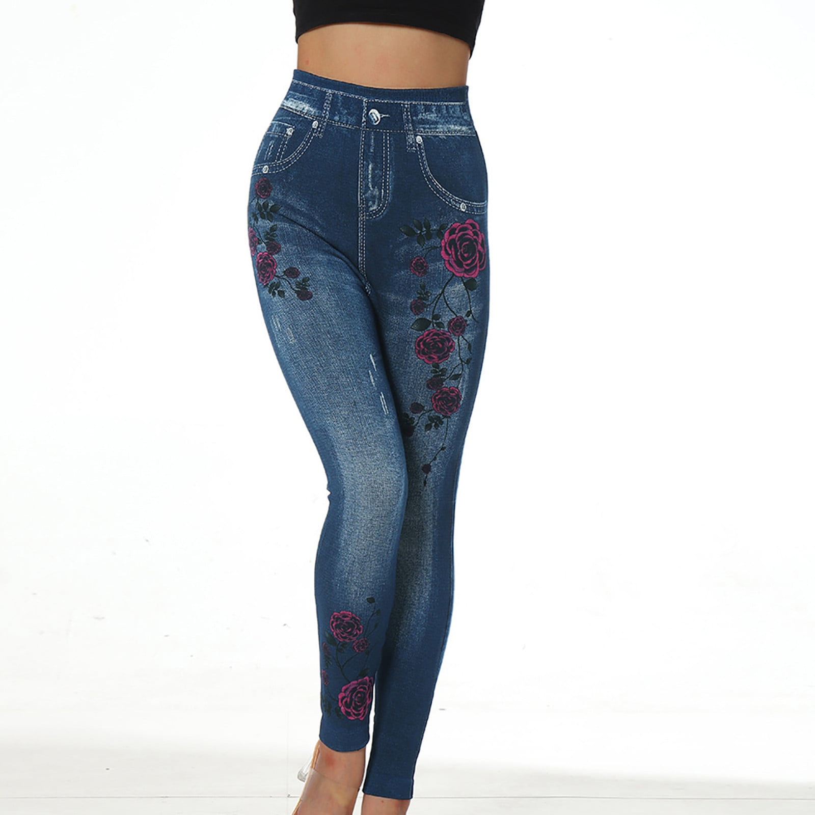 Womens Imitation Denim Print Leggings Capris Trousers Elastic Pencil ...
