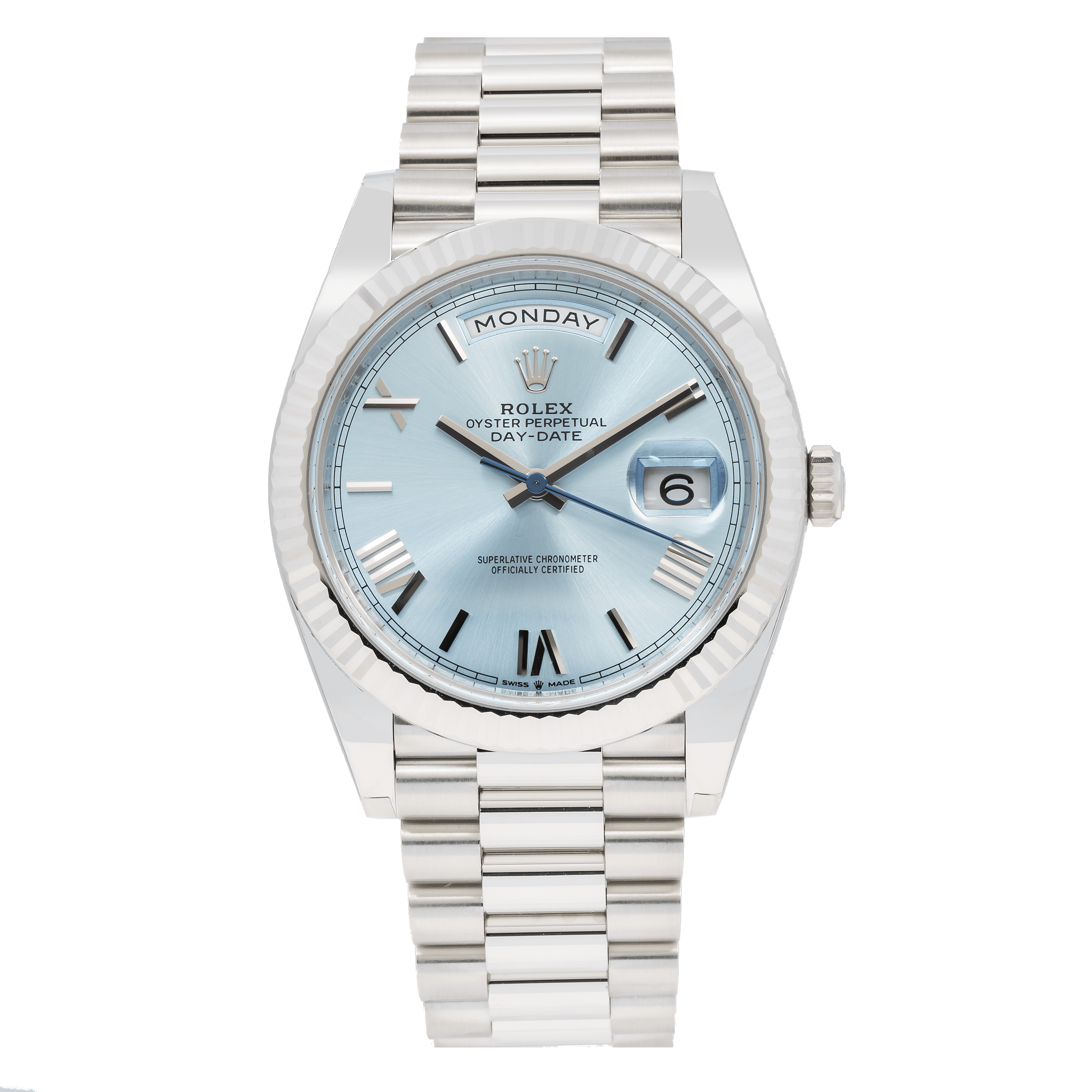 Pre-Owned Rolex Day-Date 40MM 228236 Ice Blue Roman Dial Fluted Bezel ...