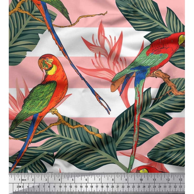 Soimoi Crepe Silk Fabric Tropical Leaves,Stripe & Parrot Bird Print ...