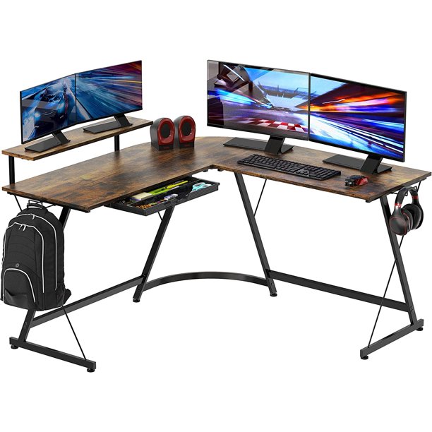 Gaming L-Shaped Computer Desk with Monitor Stand, Rustic Brown - Walmart.ca