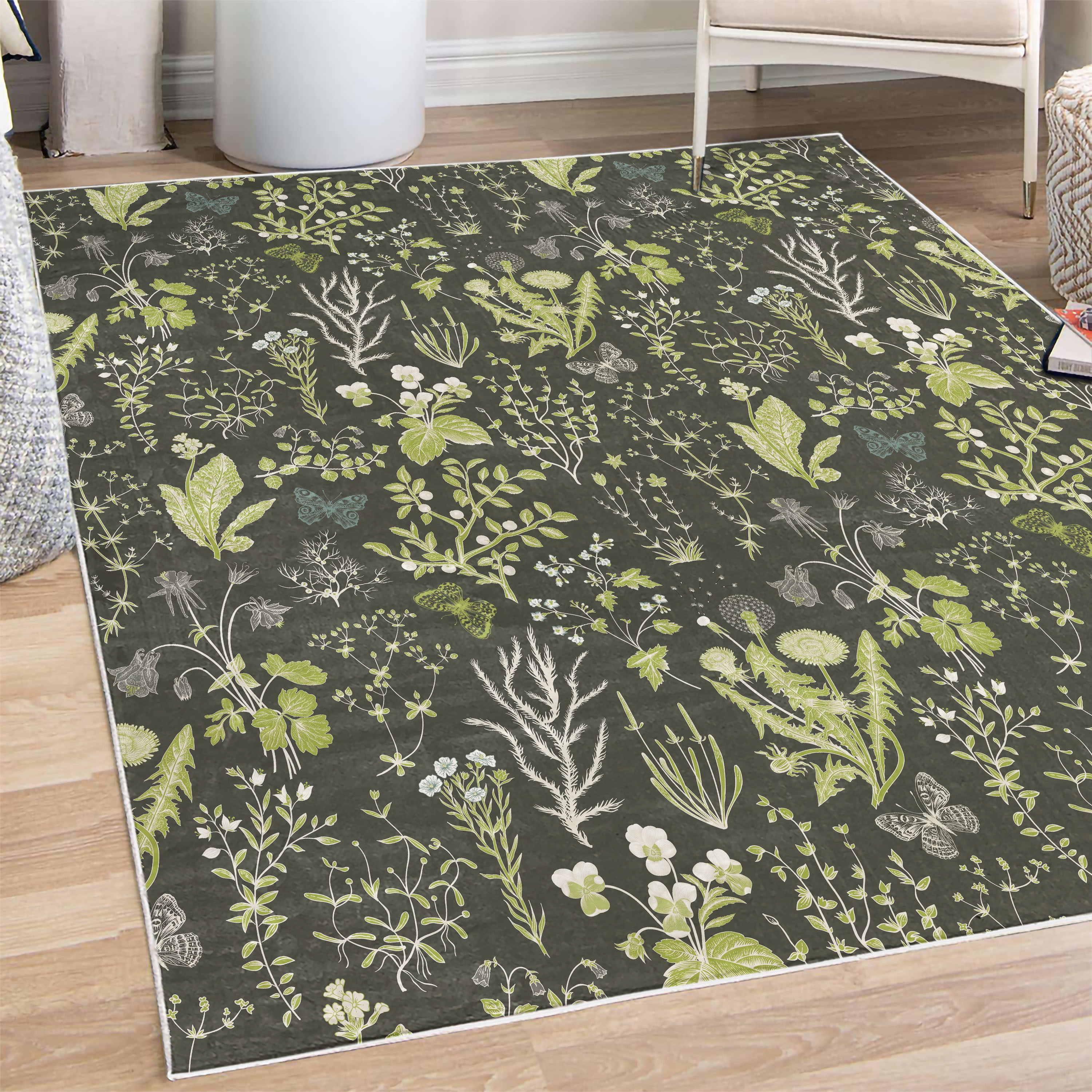 Floral Decorative Rug, Vintage Garden Plants Herbs Flowers Botanical ...