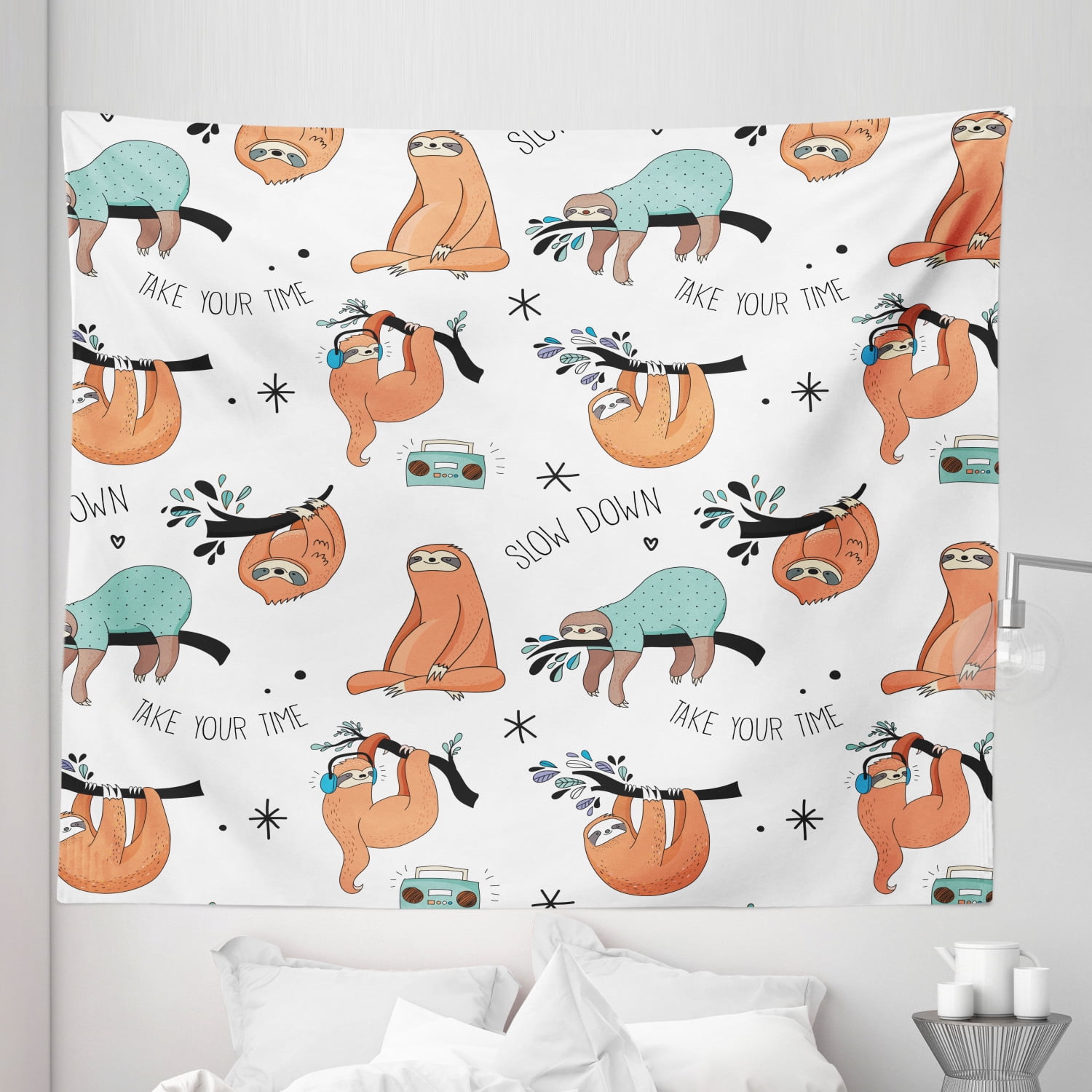 Sloth Tapestry, Pattern Hand Drawn Sloths on Branches Laziness Mood ...