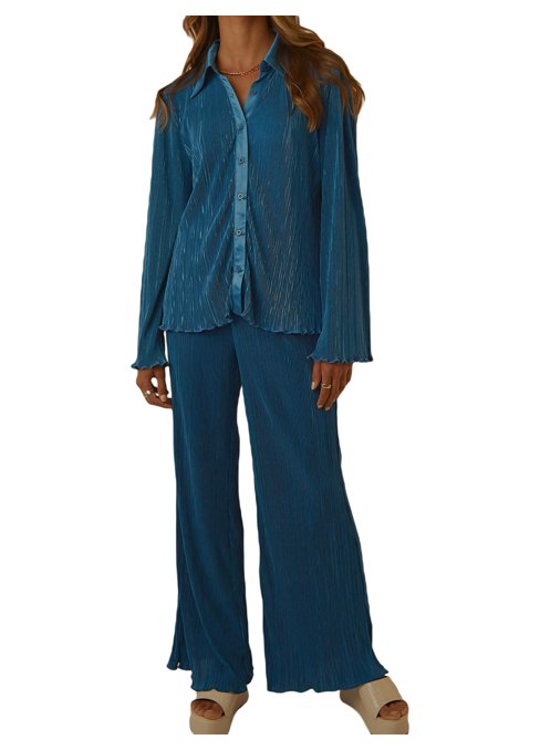 ZANZEA Women Business Set Long Sleeve Blouse and High Waist Wide Leg ...