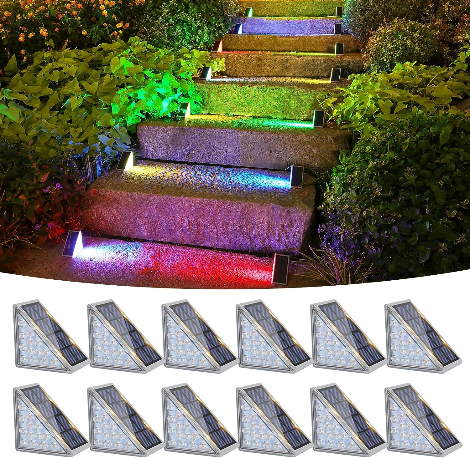 Solar Step Lights, 12 Pack Outdoor Stair Lights RGB Solid Color ...