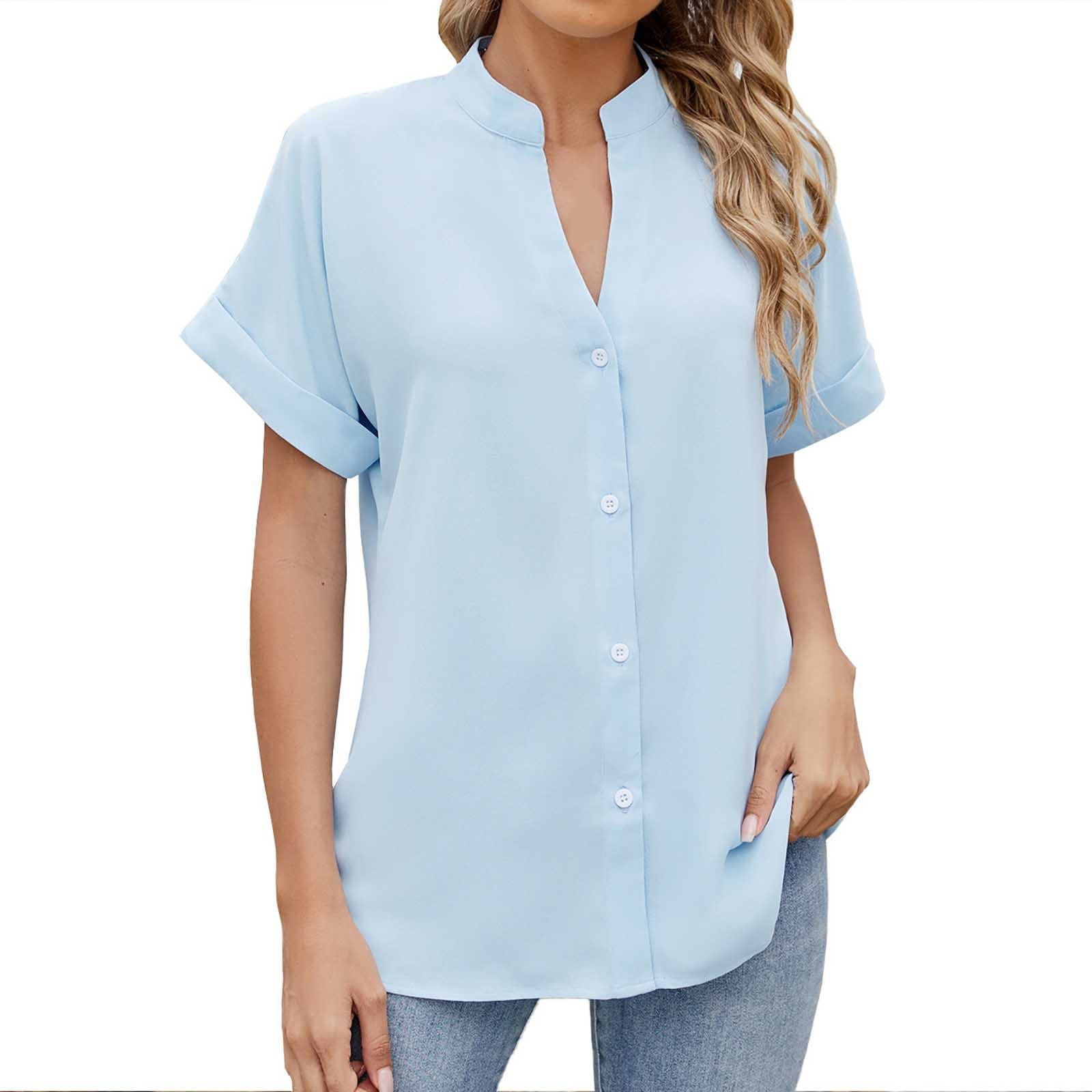 Click here for Hiiyo Womens Solid V Neck Short Sleeve Button Up S... prices