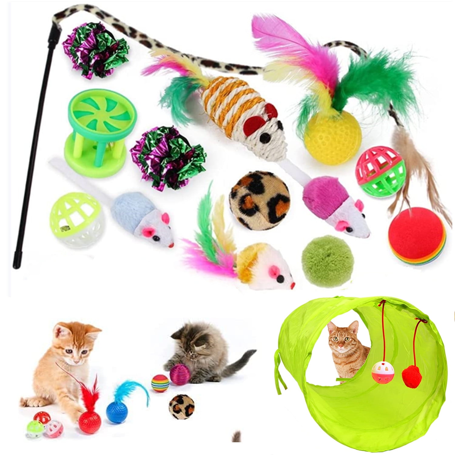 21 PCS Cat Toys Set Spiral Springs Assorted Cat Balls Crinkle Furry Cat ...