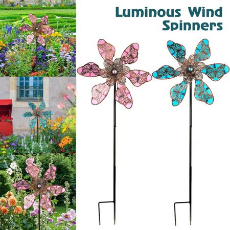 POINTERTECK Metal Iron Wind Spinner with Garden Stake 90CM Butterfly Shpae Luminous Windmill ...