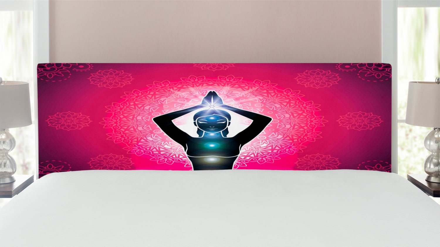 Colorful Headboard, Maroon Silhouette of a Yoga Woman with Cores with ...