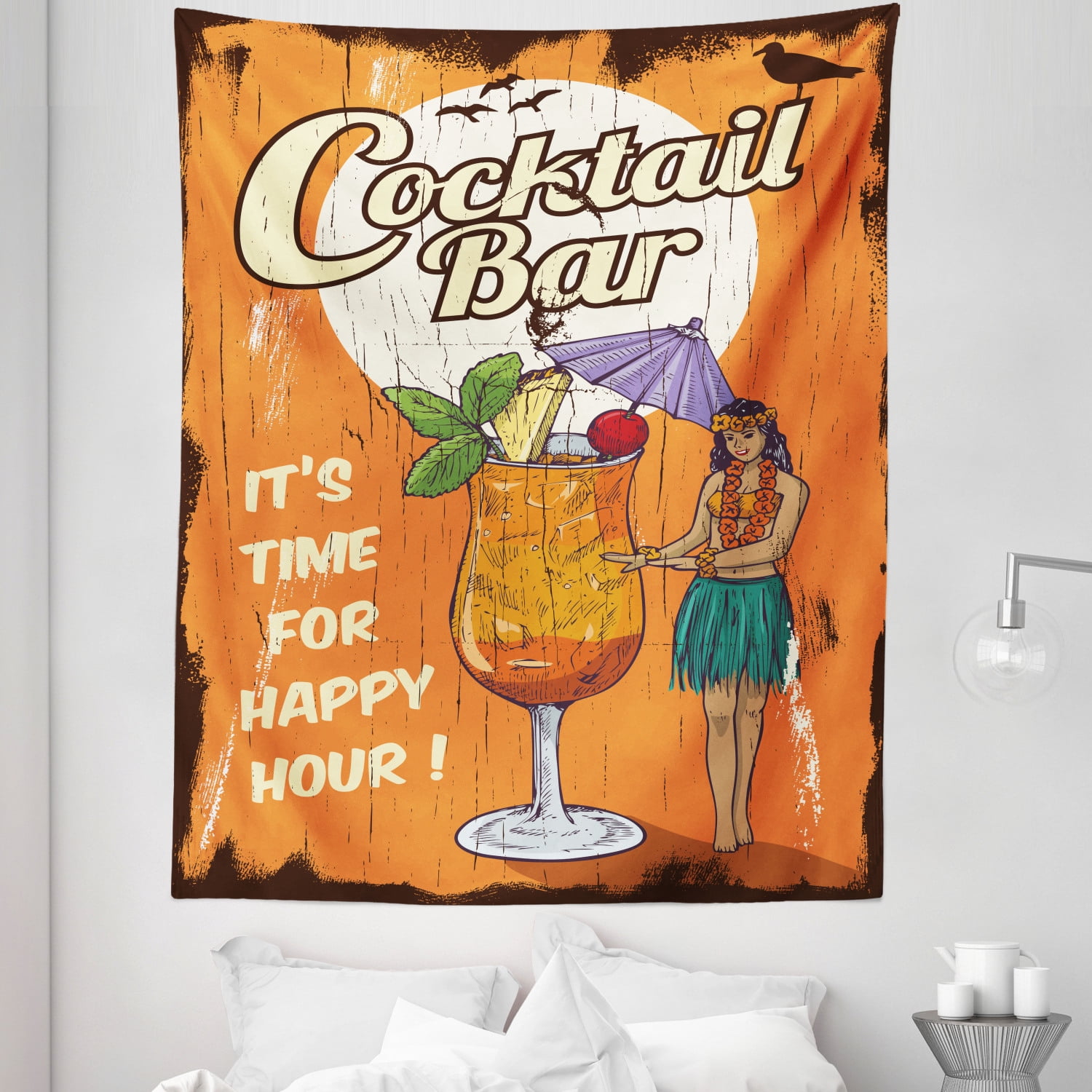 Cocktail Party Tapestry, Hula Girl with a Cocktail on Wooden Board with ...