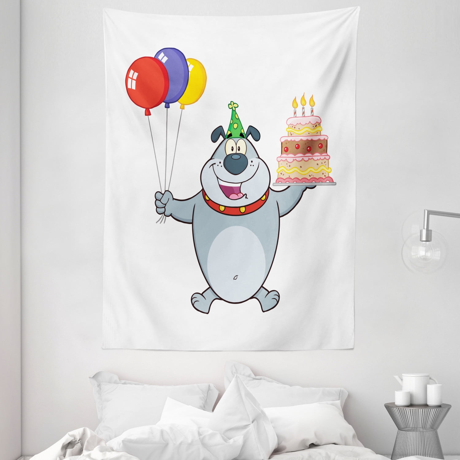 Smile Tapestry, Happy Gray Bulldog Holding Balloons and a Birthday Cake ...