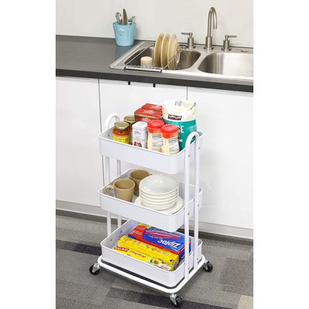 SimpleHouseware Heavy Duty 3-Tier Metal Utility Rolling Cart, White ...