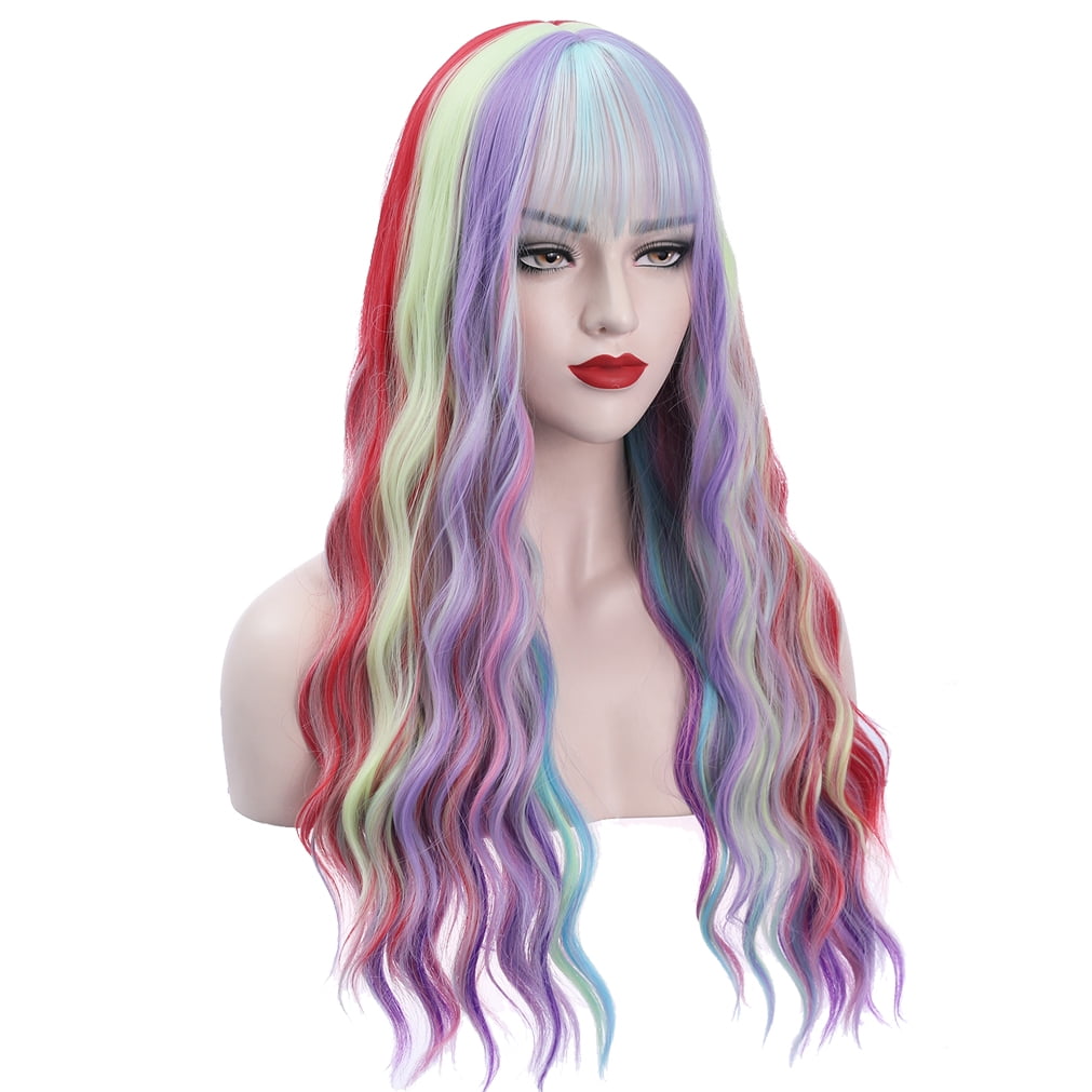 RightOn Rainbow Wig Long Curly Wavy Wig Rainbow Wig with Bangs Multi ...