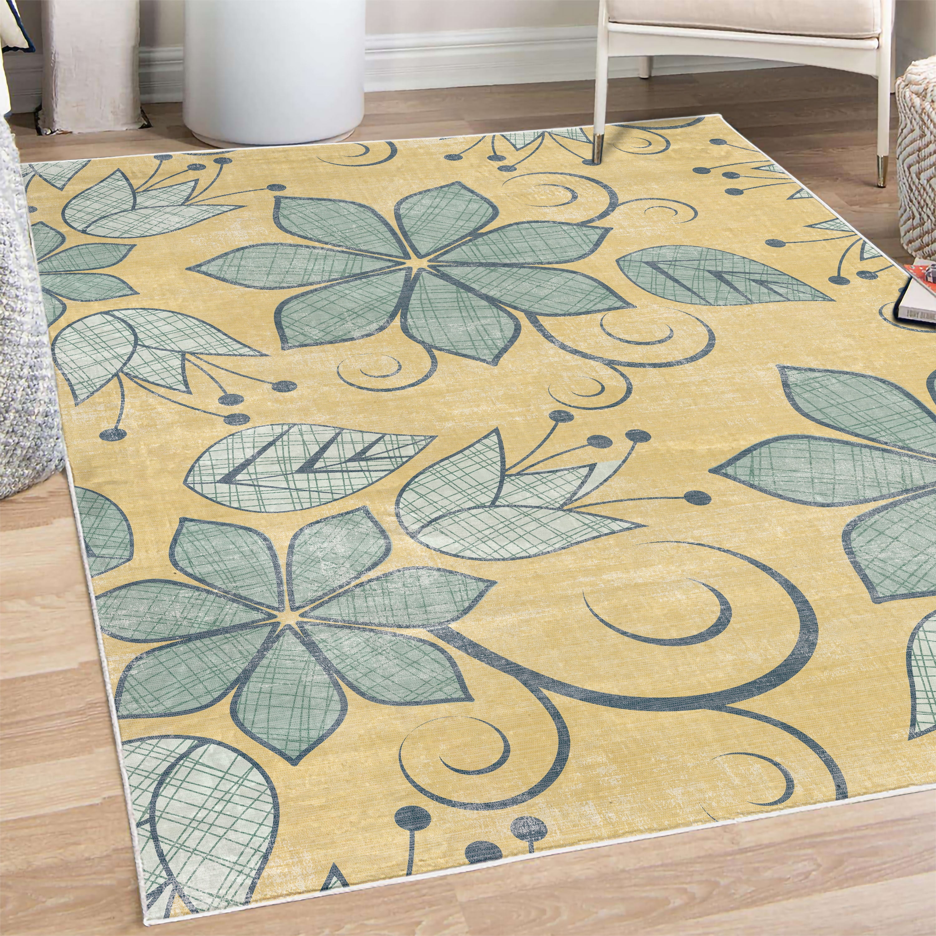 Floral Decorative Rug, Delicate Flowers with Swirling Ivy Branches ...