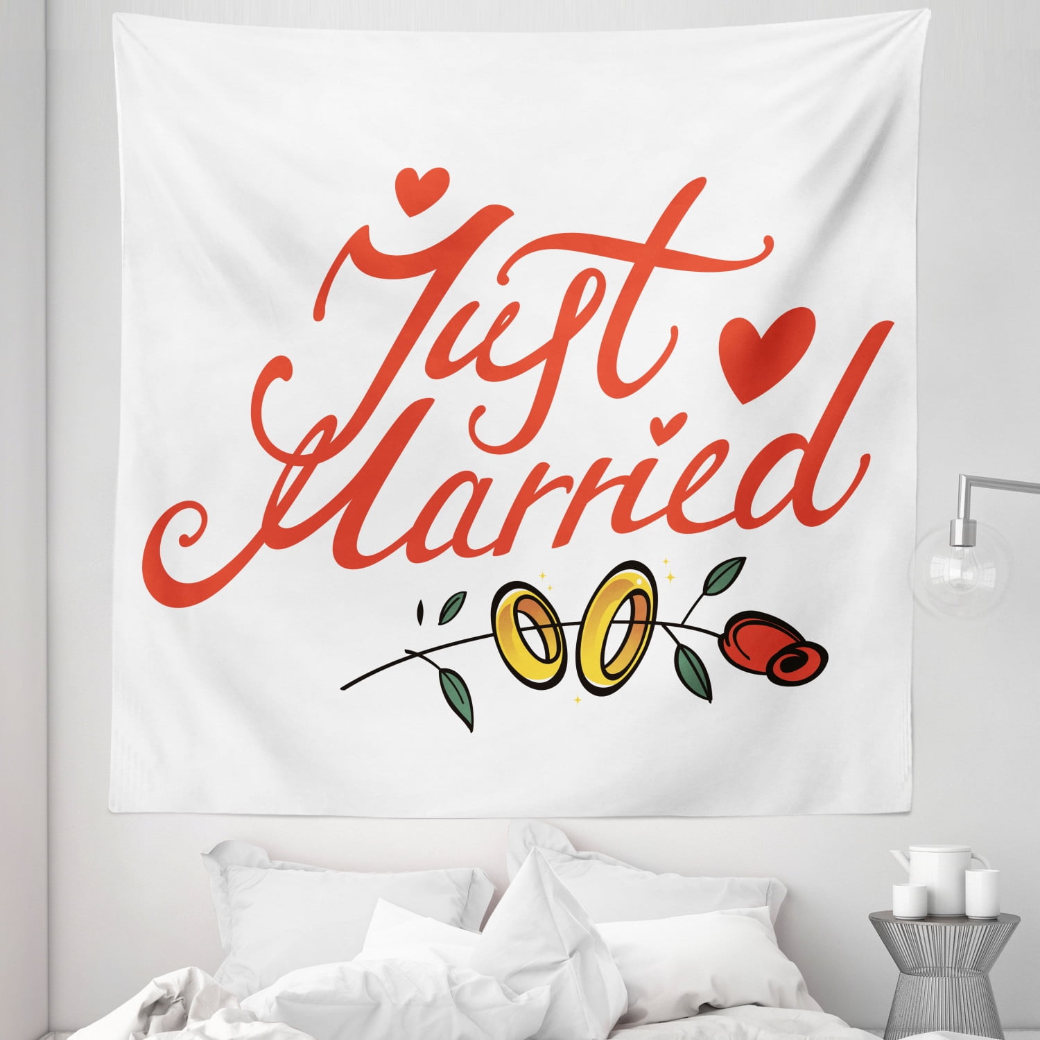 Wedding Tapestry, Just Married Hand Writing in Red and Rose with ...