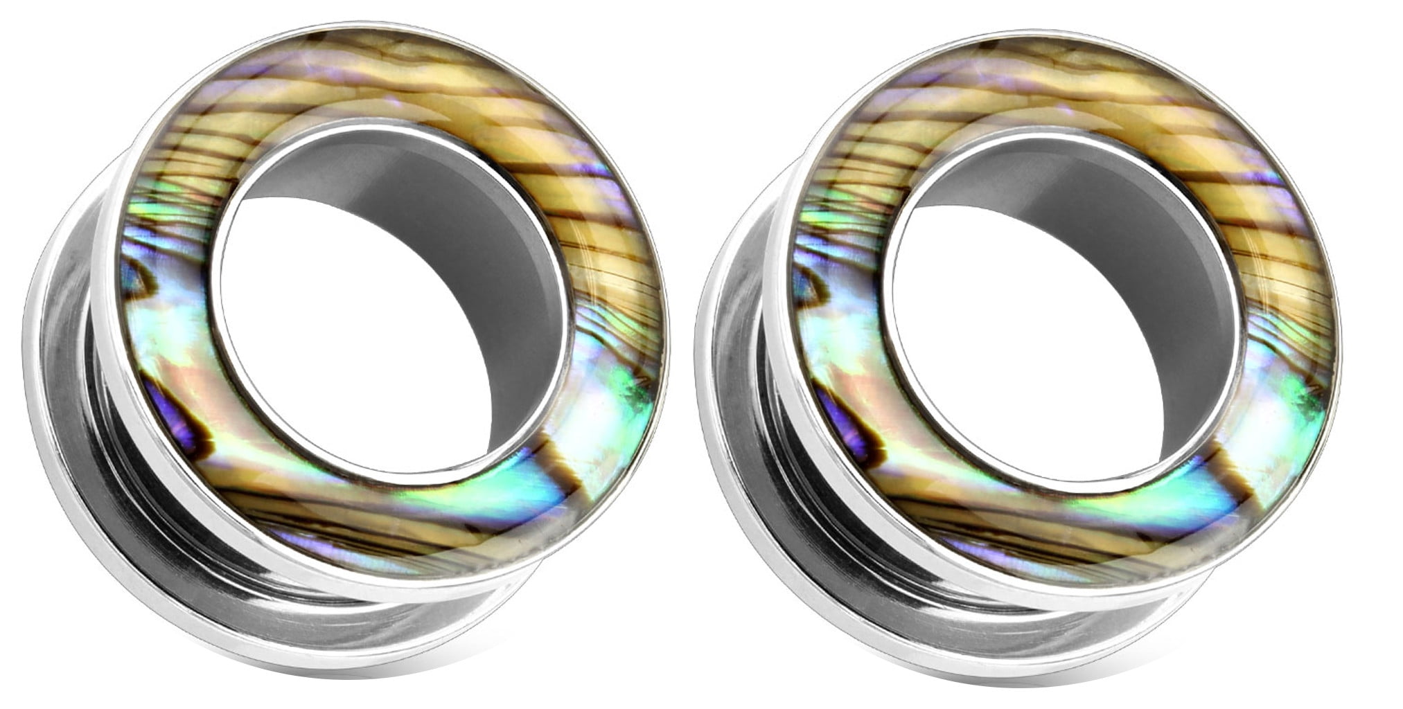 Pair Surgical Steel Abalone Shell Screw Fit Steel Tunnels Ear Plugs ...