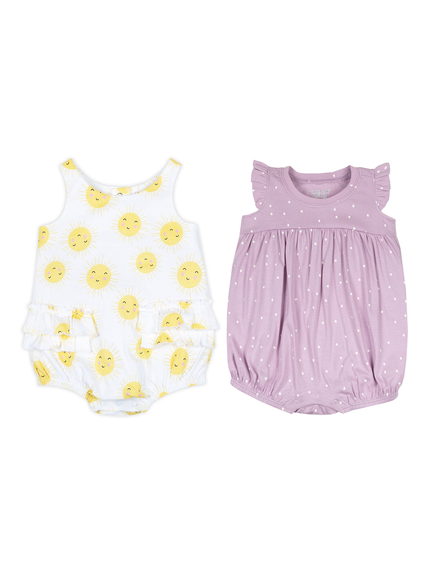 Little Star Organic Baby Girl 2 Pk Sleeveless Bubble Rompers, Size ...