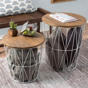 Lavish Home End Table with Storage – Round Wire Basket Base Nesting ...