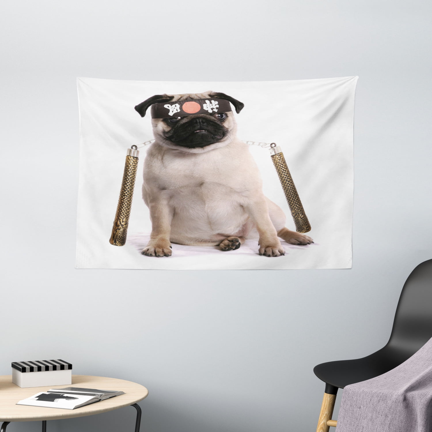 Pug Tapestry, Ninja Puppy with Nunchuk Karate Dog Eastern Warrior ...