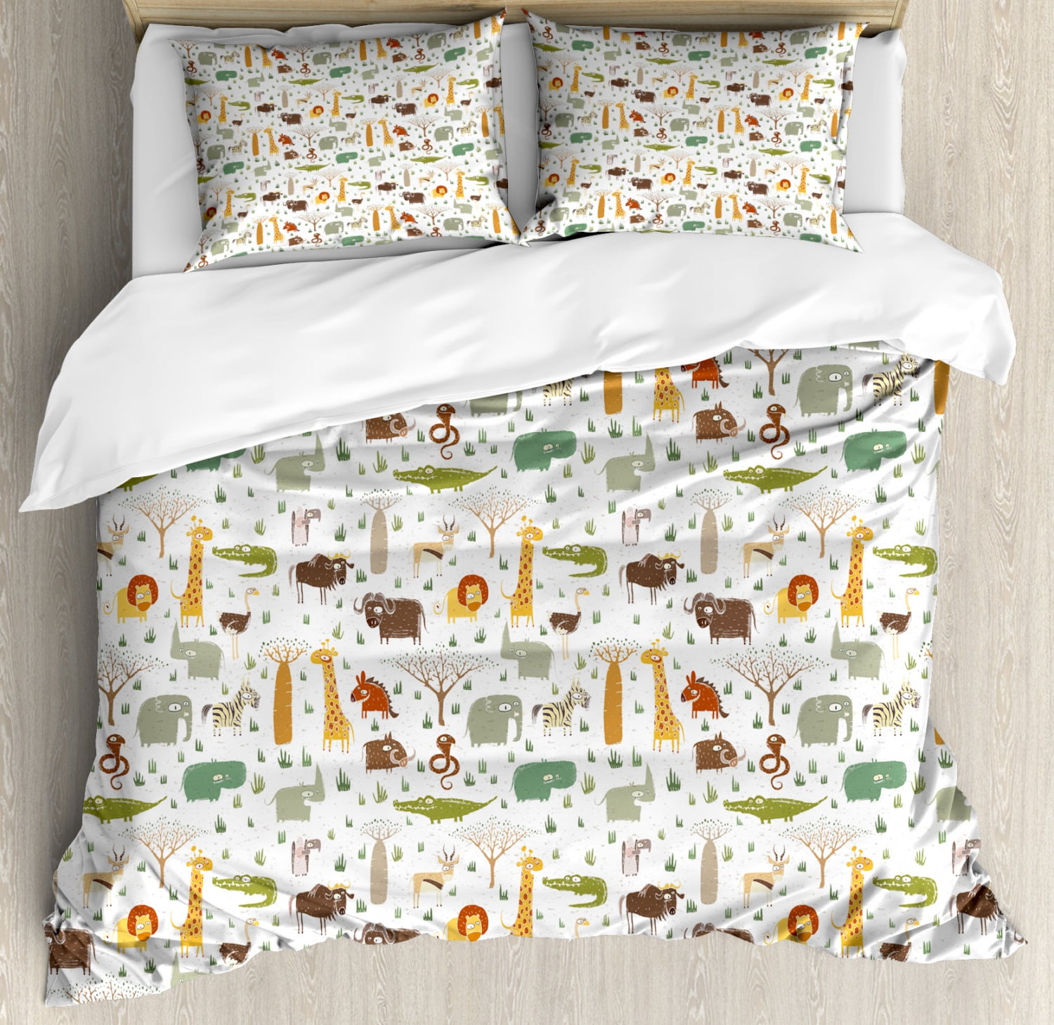 Cartoon Animal Duvet Cover Set King Size, Grunge African Savannah Fauna ...