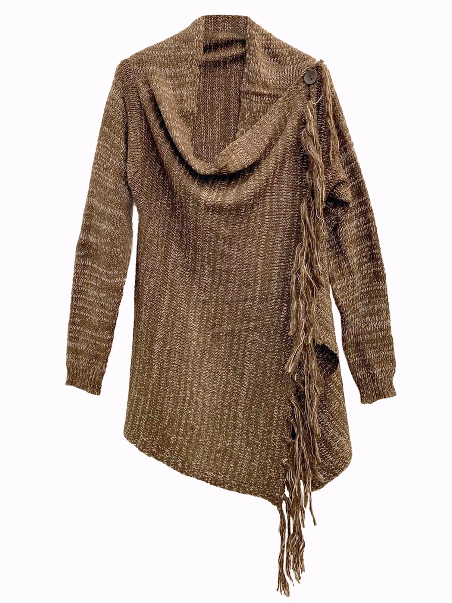 Brown Knit Asymmetrical Draped Sweater With Fringe - Walmart.com