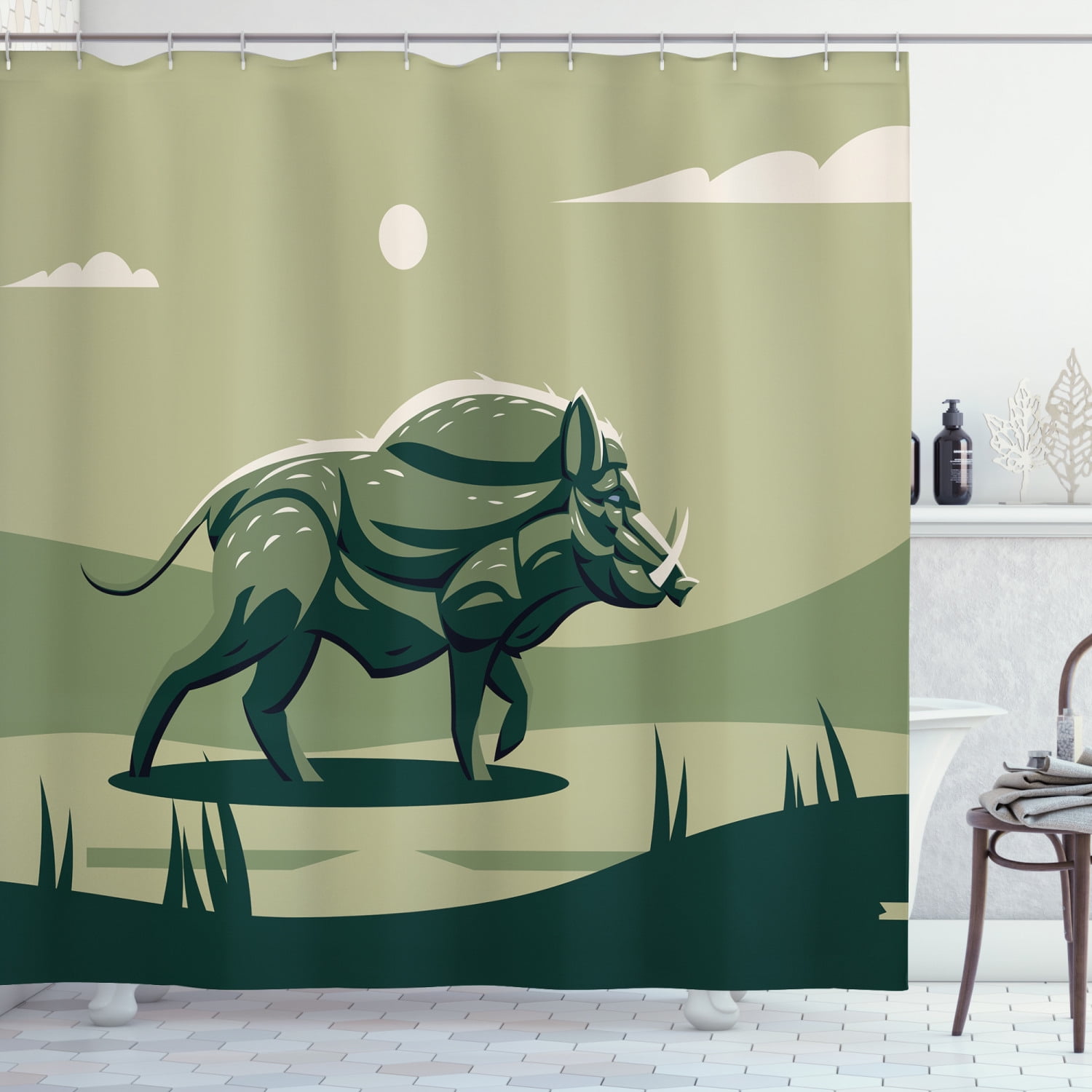 Razorback Shower Curtain, Green Tone Monochrome Print of Wild Boar with ...