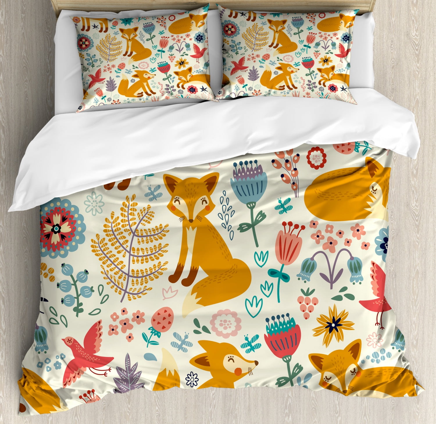 Fox Duvet Cover Set Queen Size, Natural Wildlife Composition with Cute ...