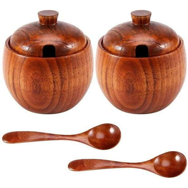 SHAR 2 PCS Wooden Salt Box, Salt Pot with Lid and Spoon, Round Salt Box ...