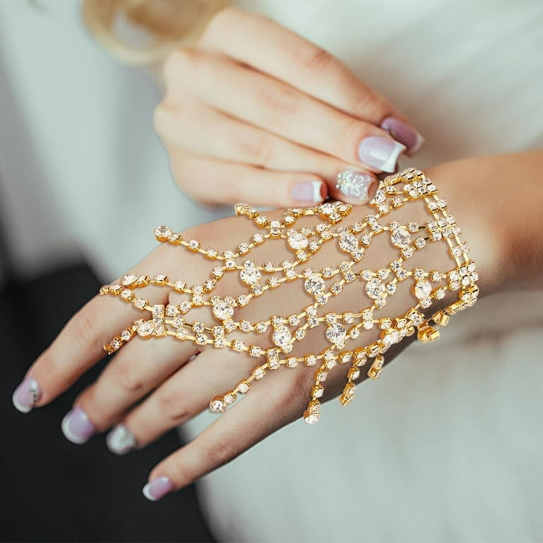 Ring Bracelet Hand Chain Hand Jewelry for Women 2 Pcs Rhinestone Bracelet Ring Gold Silver Hand Chain Crystal Bangle Finger Ring Bracelets Wedding