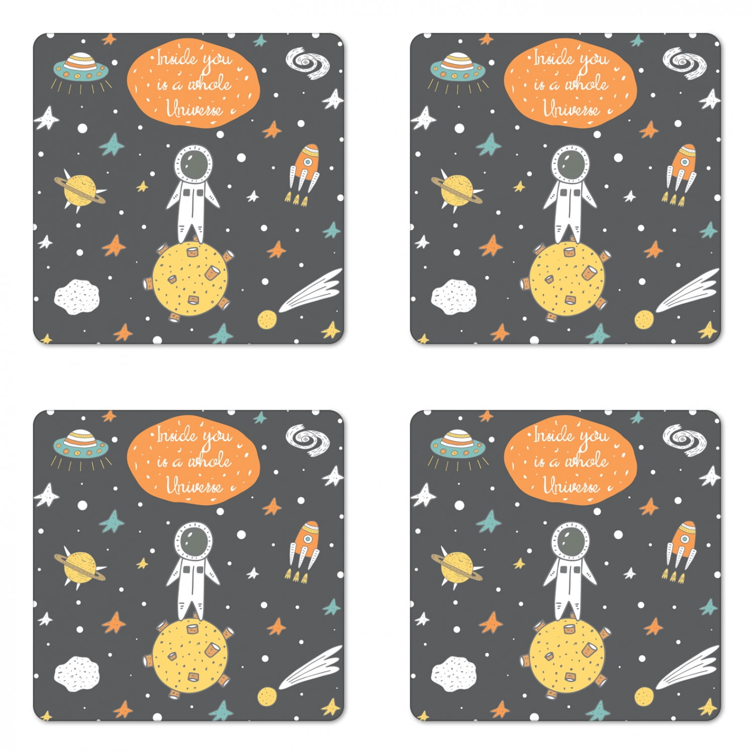 Outer Space Coaster Set of 4, Doodle Style Astronaut Alien Planets and ...